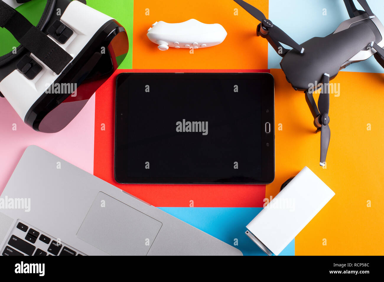 set of modern gadgets on a colorful background, mock up of new ...