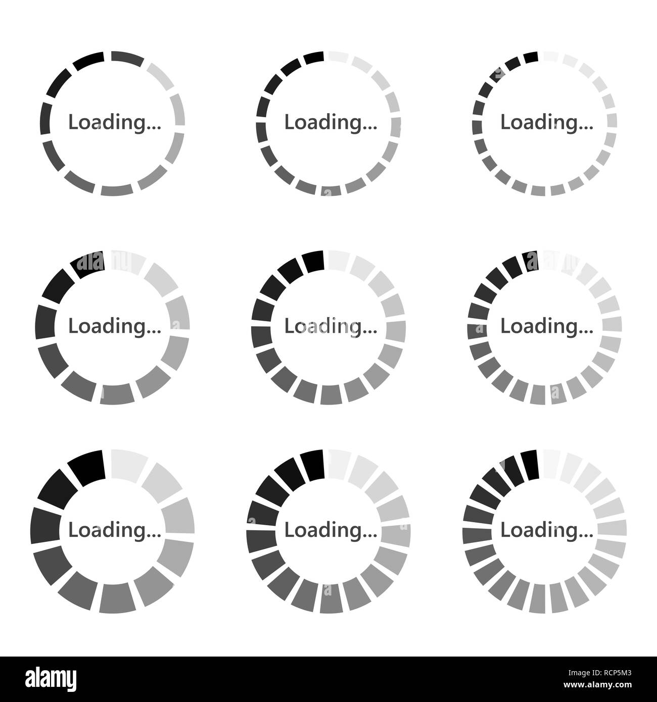 Set of round Loading bar element icons. Vector illustration. Gray download signs in flat design ...
