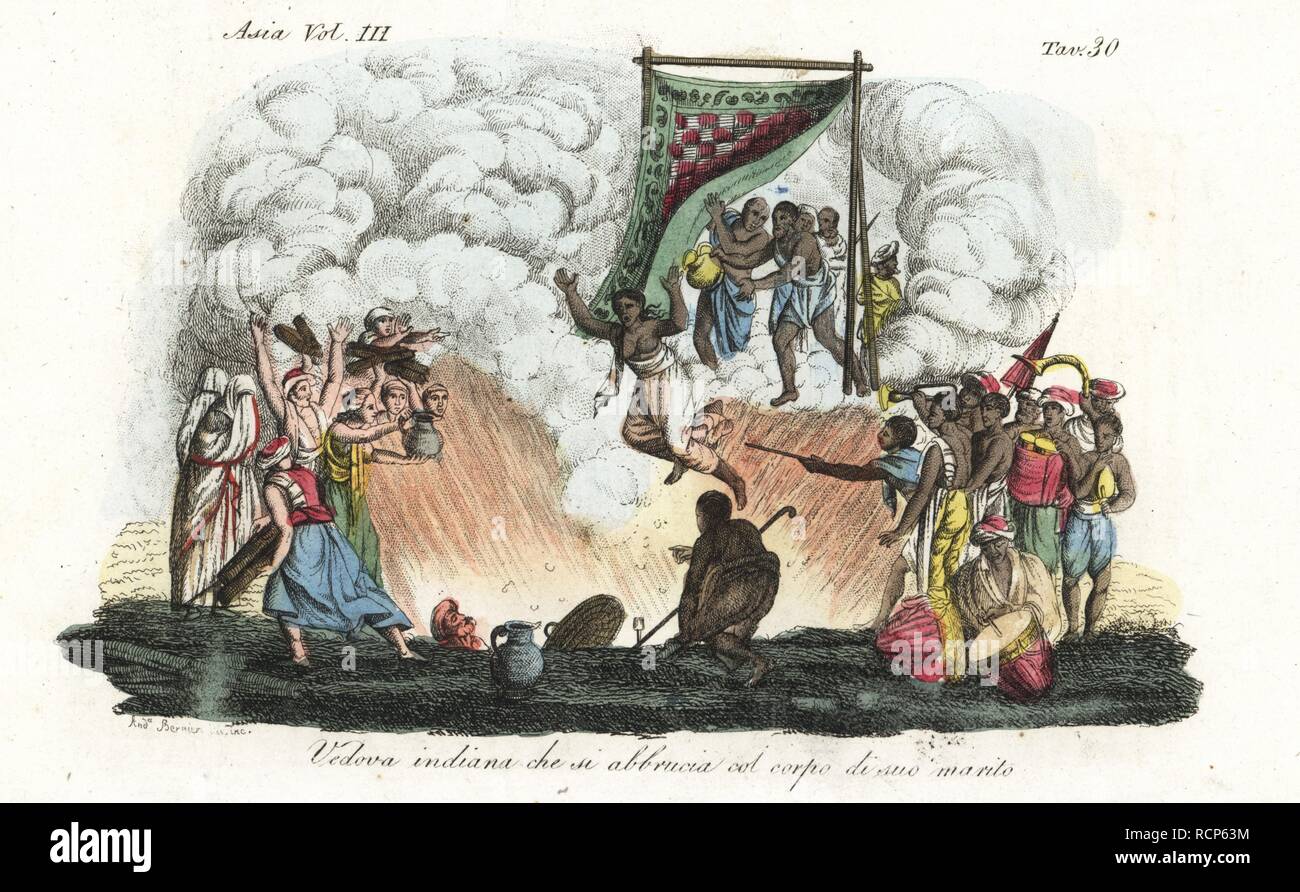 Indian sati or suttee ritual. A widow throws herself onto her late ...