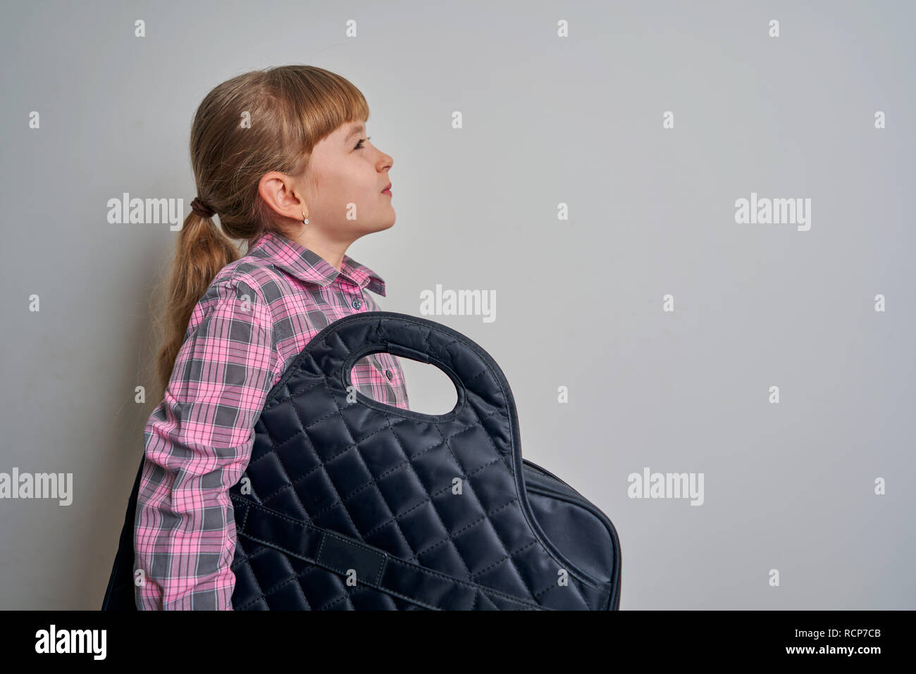 girl with briefcase on white background Stock Photo - Alamy
