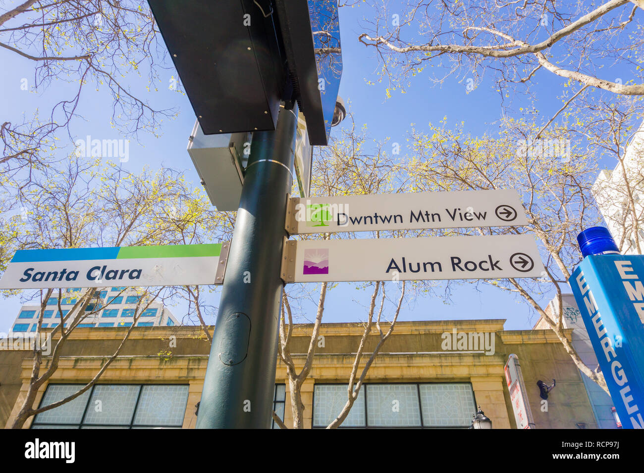 Public transportation sign showing the travel direction, downtown San ...