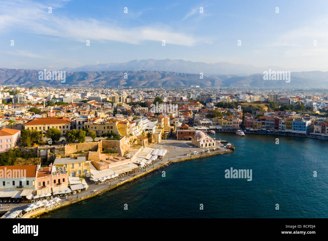 Panoramic aerial view from above of the city of Chania, Crete island ...