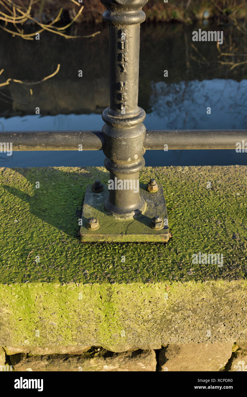 Metal post fixed to concrete wall with four steel bolts, and metal rail ...