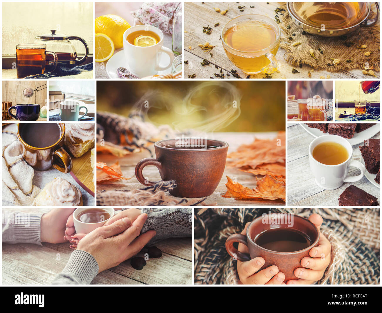 Collage autumn. tea hot drink. Selective focus Food Stock Photo - Alamy