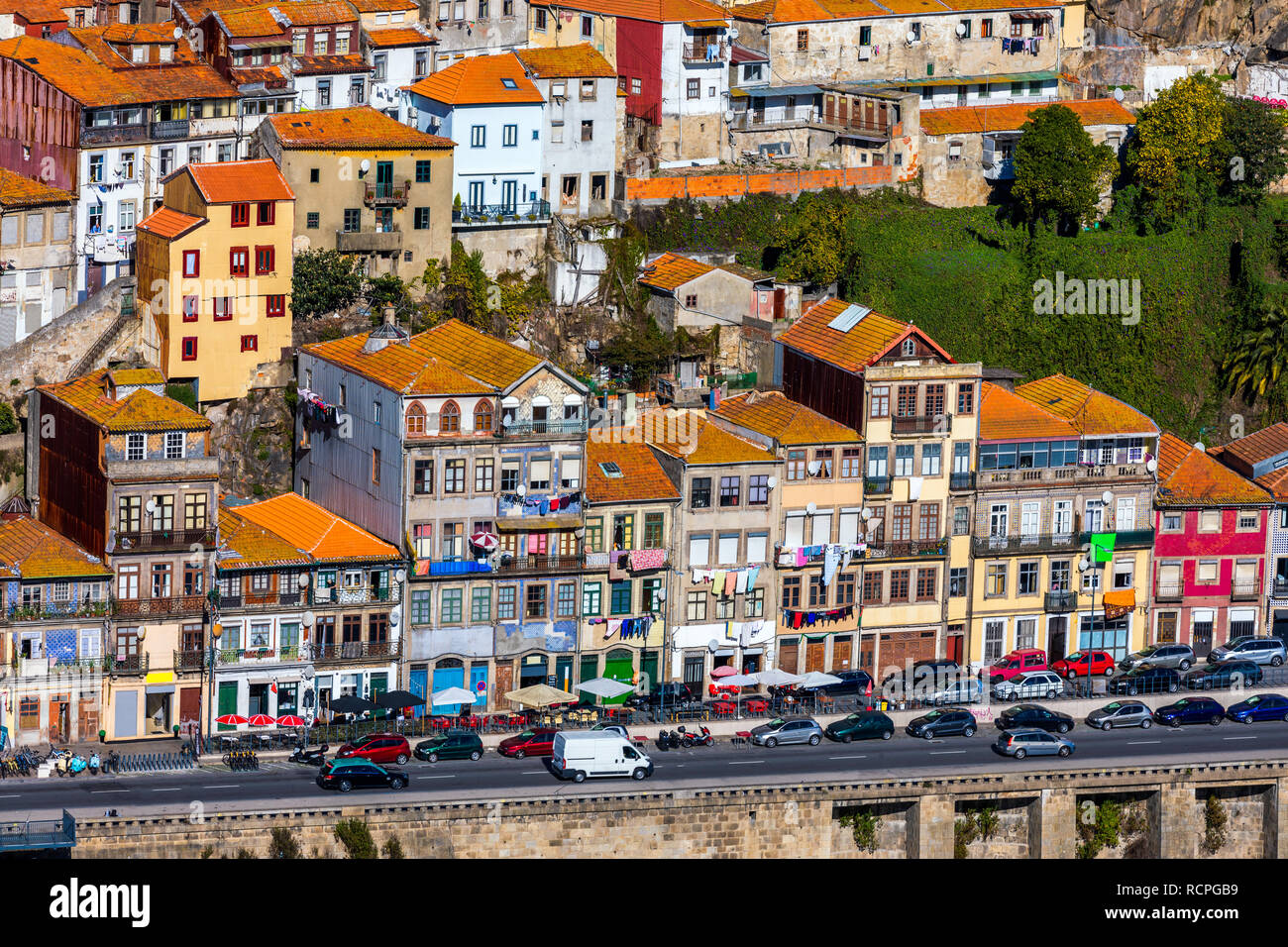 Scenic view of the Porto Old Town pier architecture over Duoro river in ...