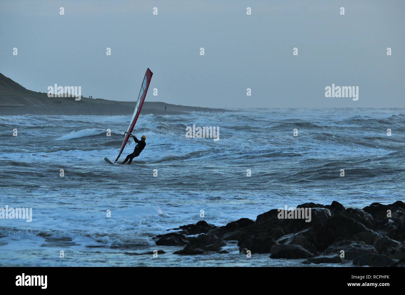 UK Walney Island Cumbria. Windsurfers stormy weather Furness Peninsula ...