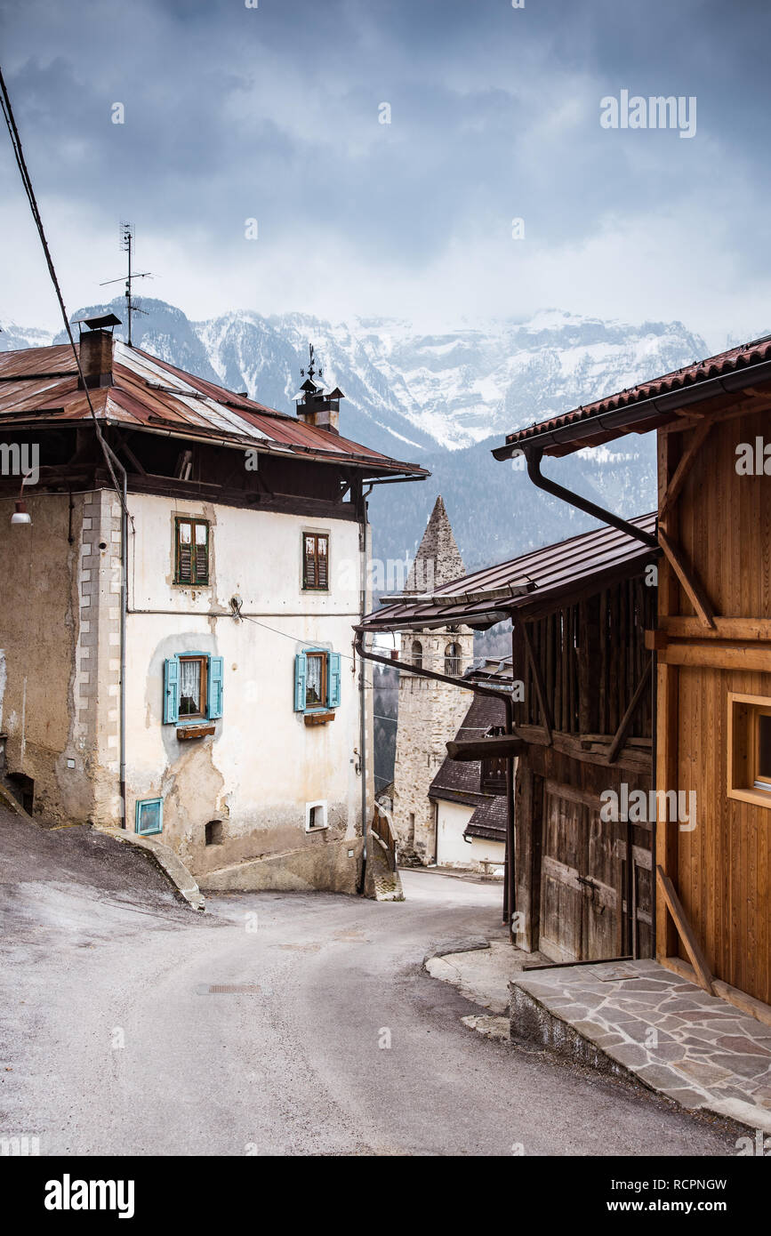 Old wooden italian houses in a small town Deggiano in Ski region Val di ...