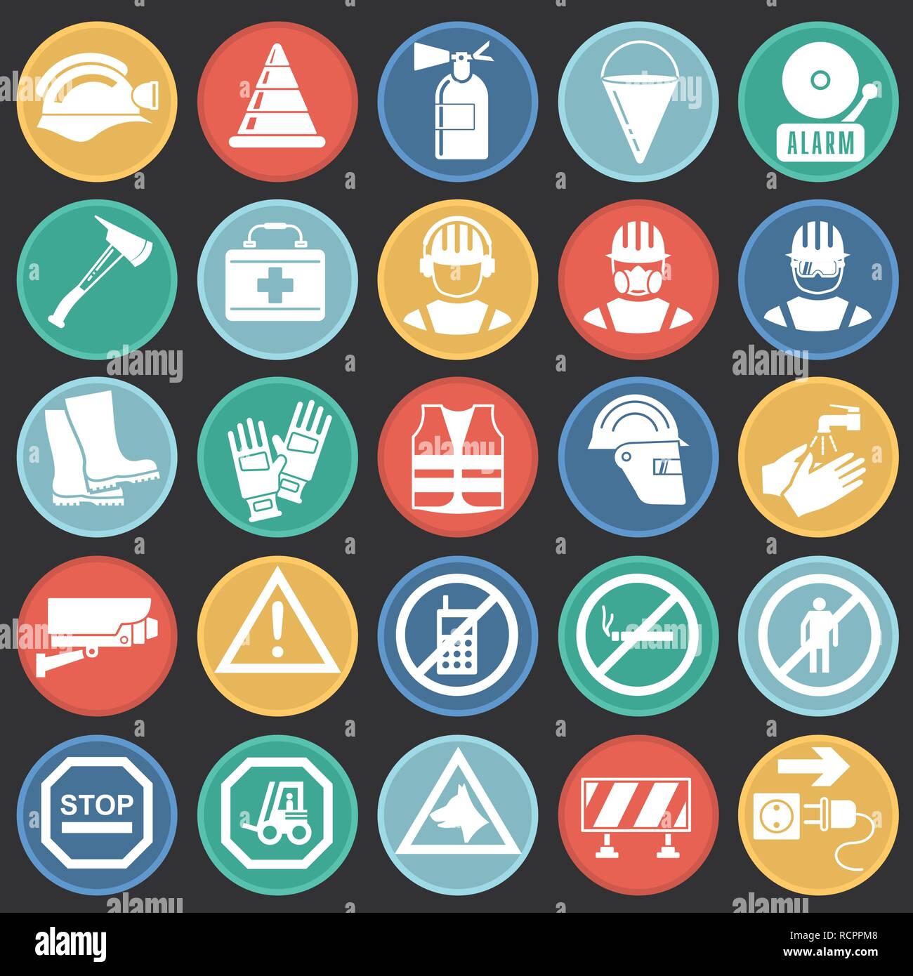Safety icons on color circles black background for graphic and web ...