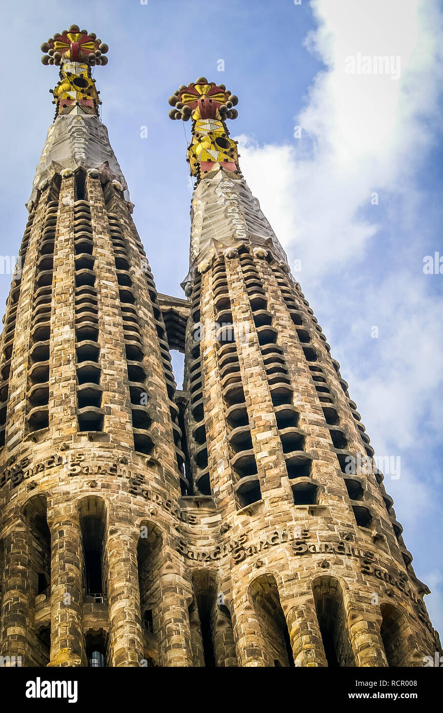Sagrada Familia - Barcelona, Spain. Looking up at two of the spires ...