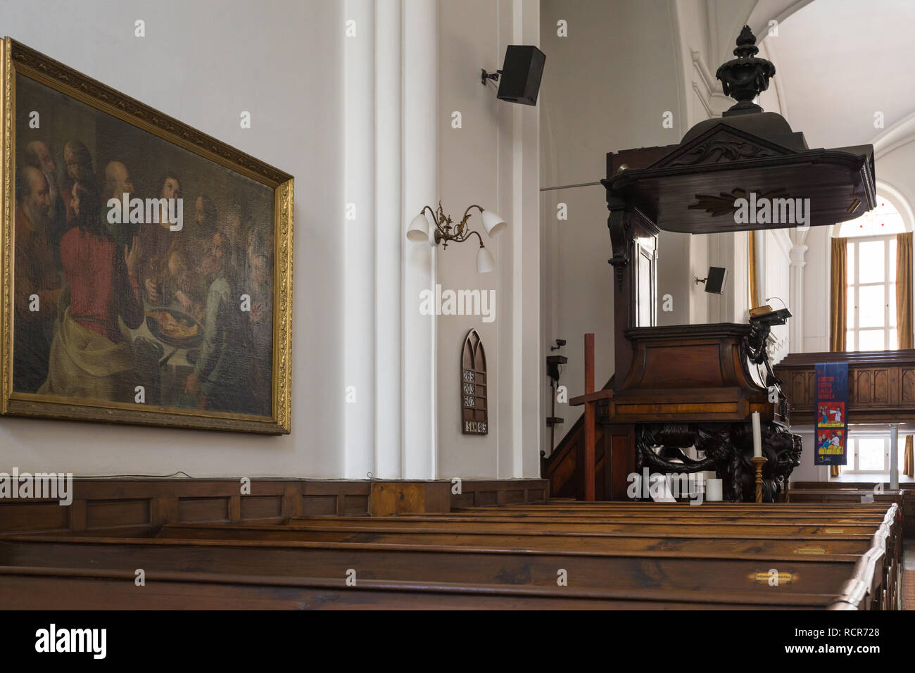 interior of the Groote Kerk with a view of the Burmese-teak pulpit and ...
