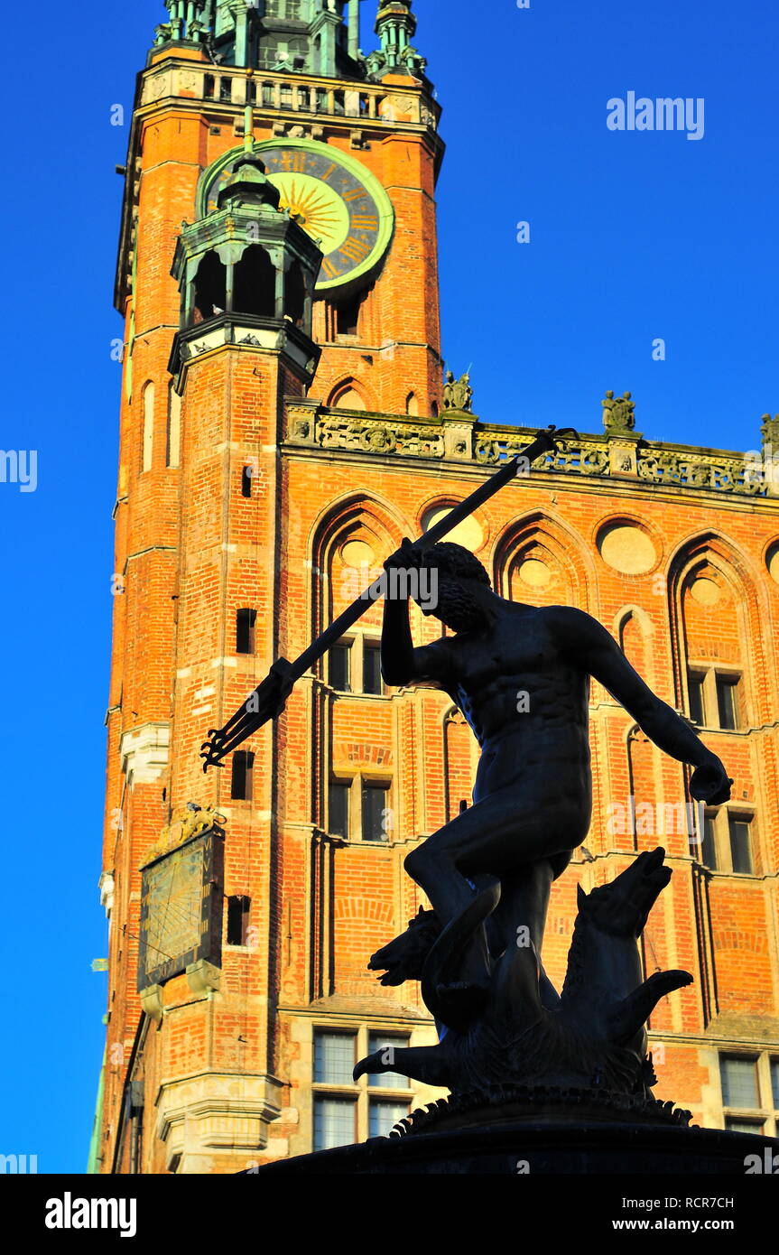 Neptune Fountain sculpture in Gdansk Old town, famous tourist ...