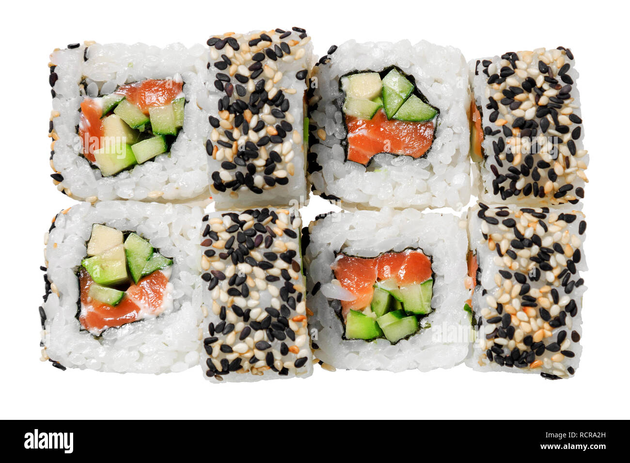 Sushi roll with salmon, cucumber, sesame and avocado. Isolated on white ...