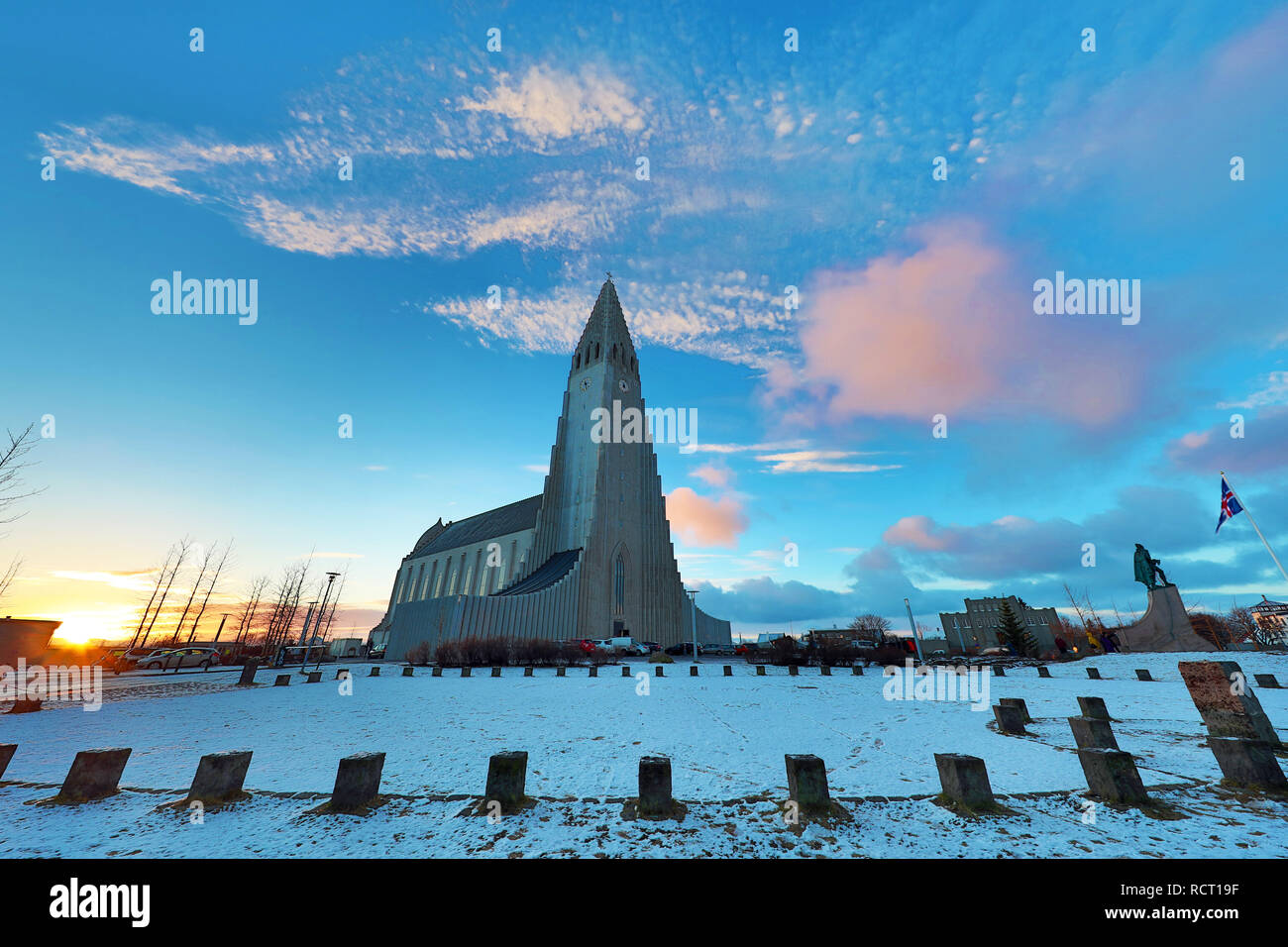 Hallgrimskirkja church at sunrise in Reykjavik, Iceland Stock Photo - Alamy
