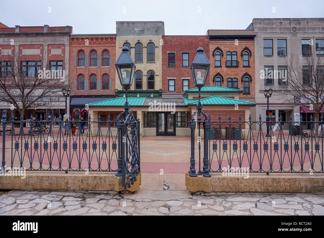 Colorful historic buildings in Springfield, Illinois, with street lamps ...
