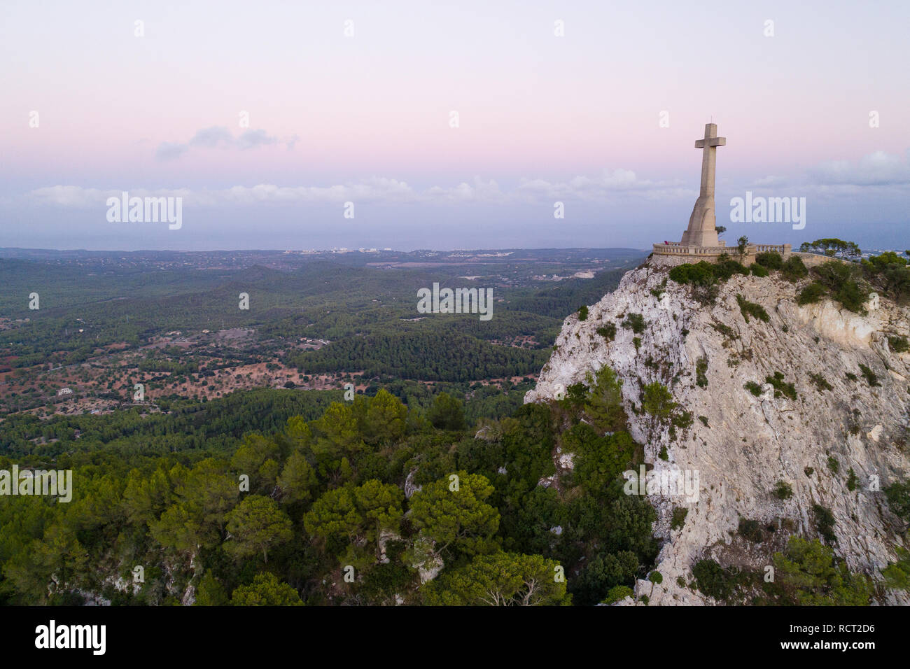 Aerial view of monolith cross at Sant Salvador Sanctuary, Mallorca ...