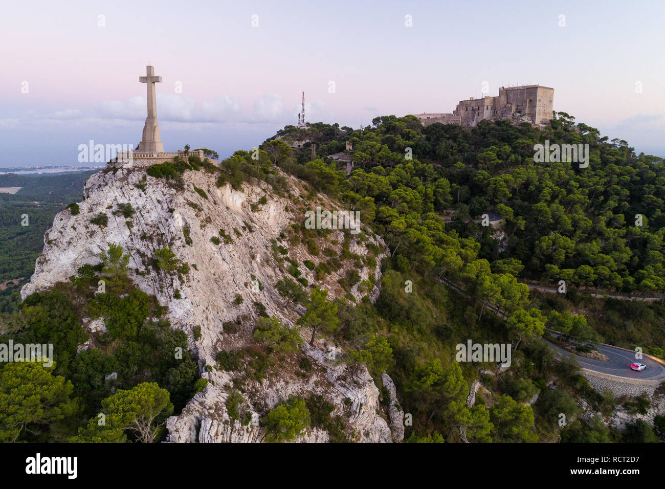 Aerial view of Sant Salvador Sanctuary and monolith cross, Mallorca ...