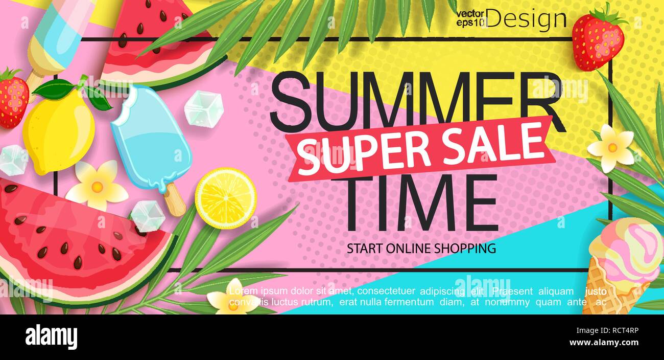 Super sale banner with gourmet food to summer time such as ice cream ...