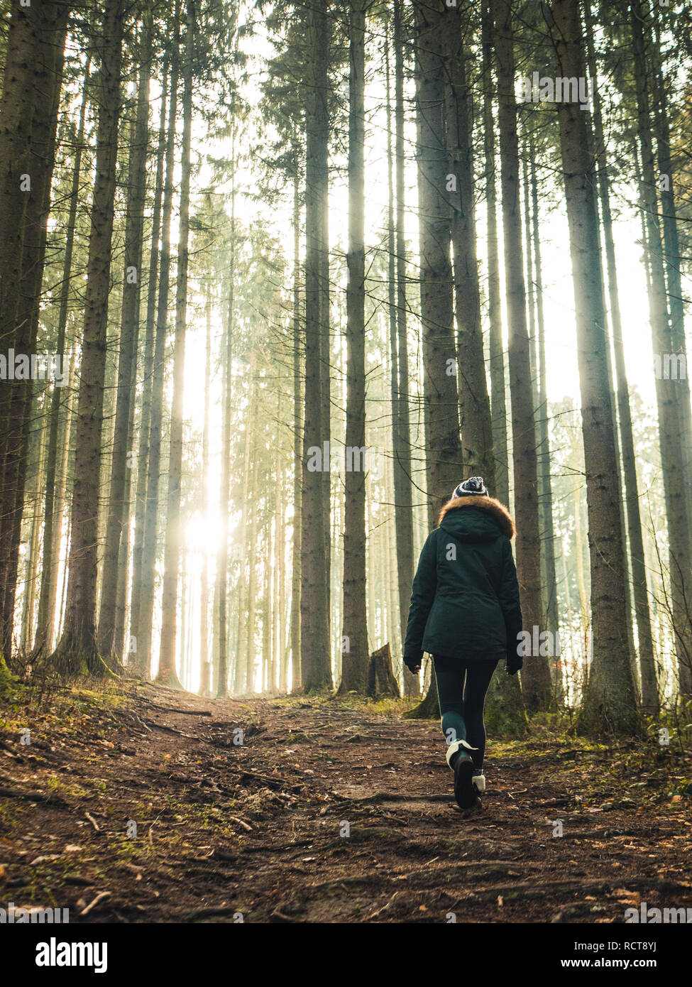 morning glory: young woman walking on a peaceful hiking path in the ...