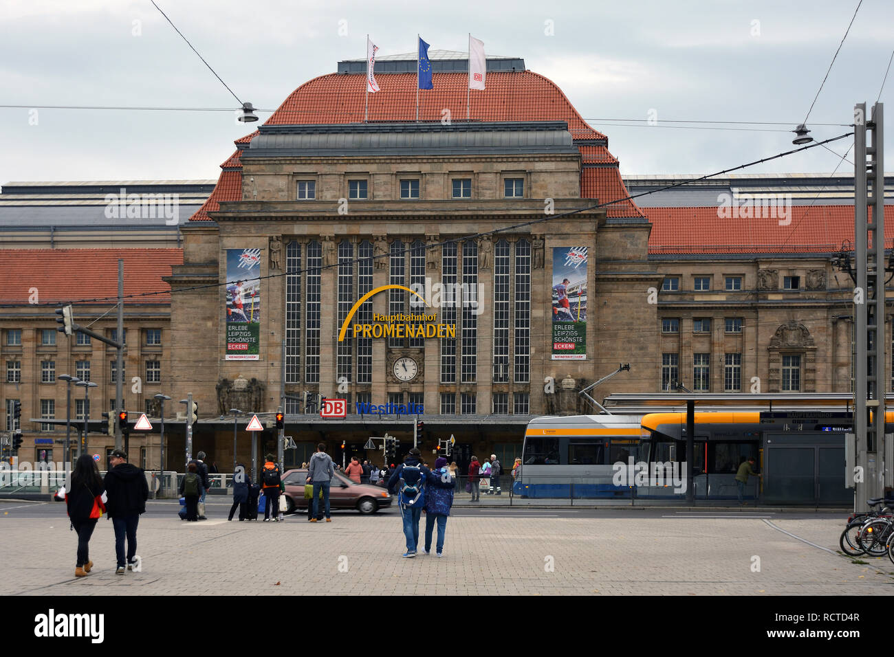Central Station of Leipzig with people in front of the station building ...