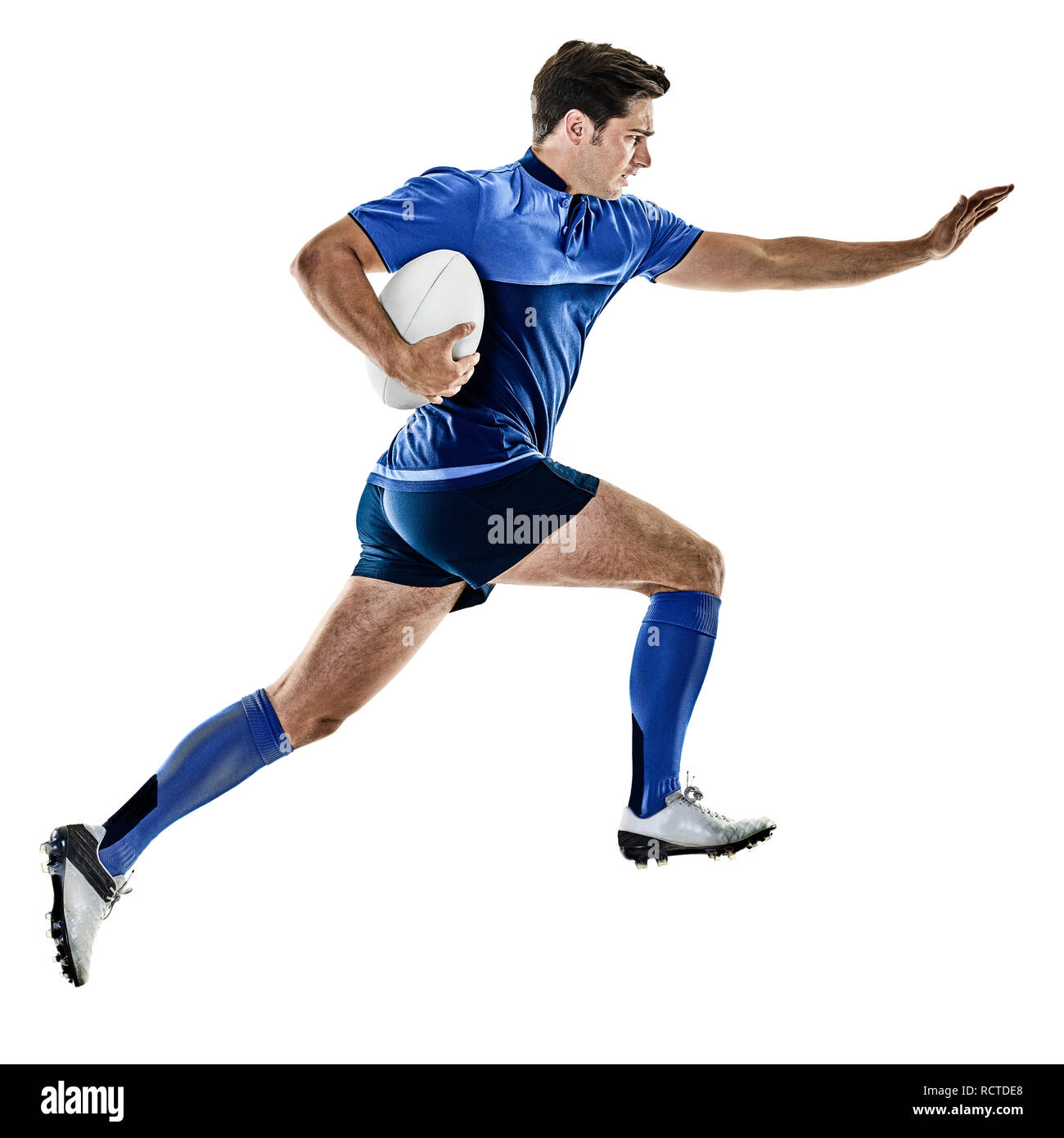 one caucasian rugby player man studio isolated on white background ...