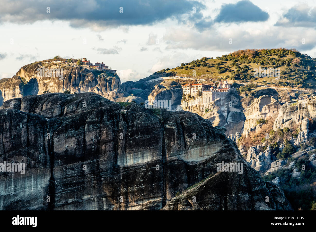 Varlaam and Grand Meteora monasteries, built on the rocks, mountain ...