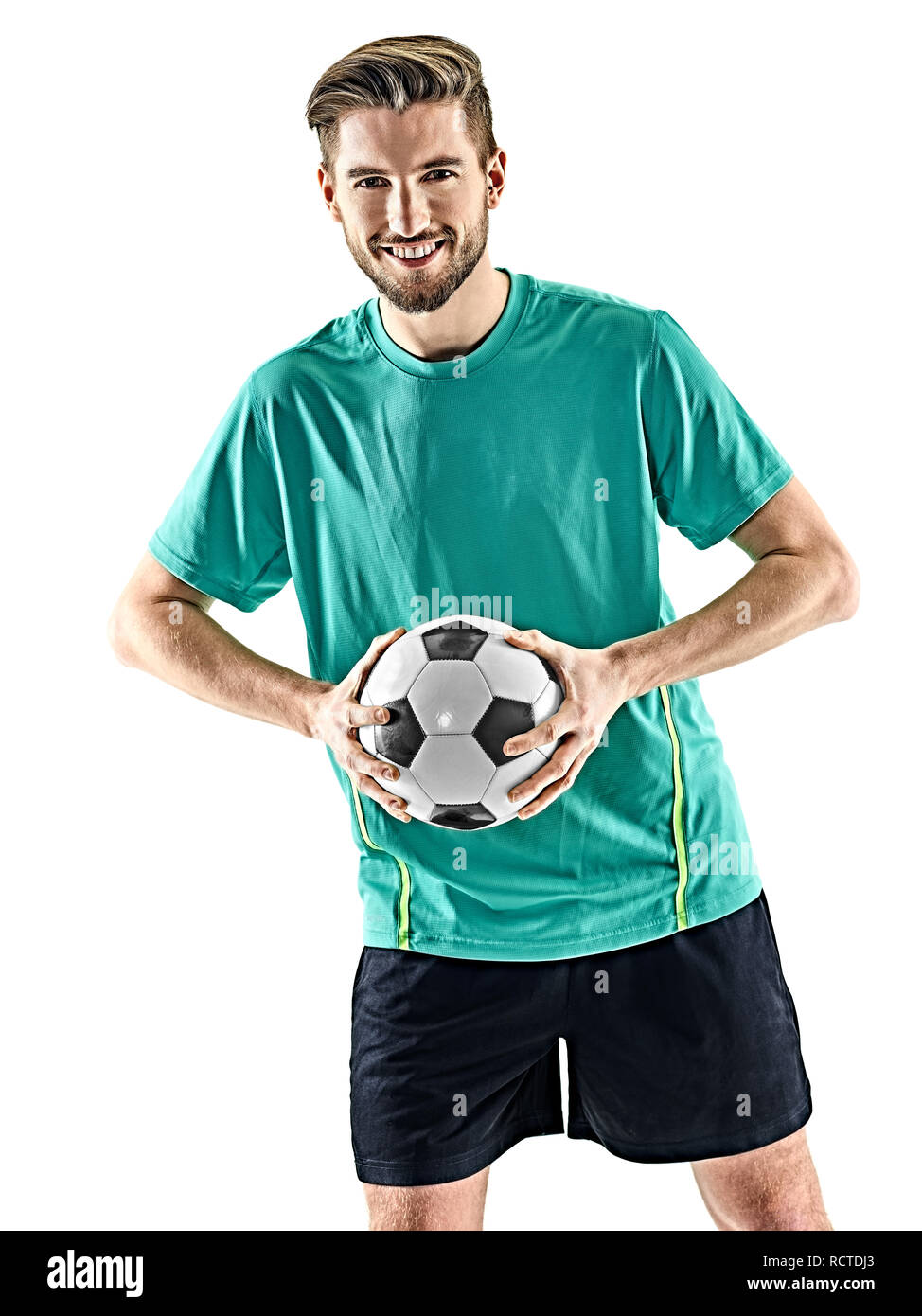 one caucasian soccer player man standing holding football isolated on ...