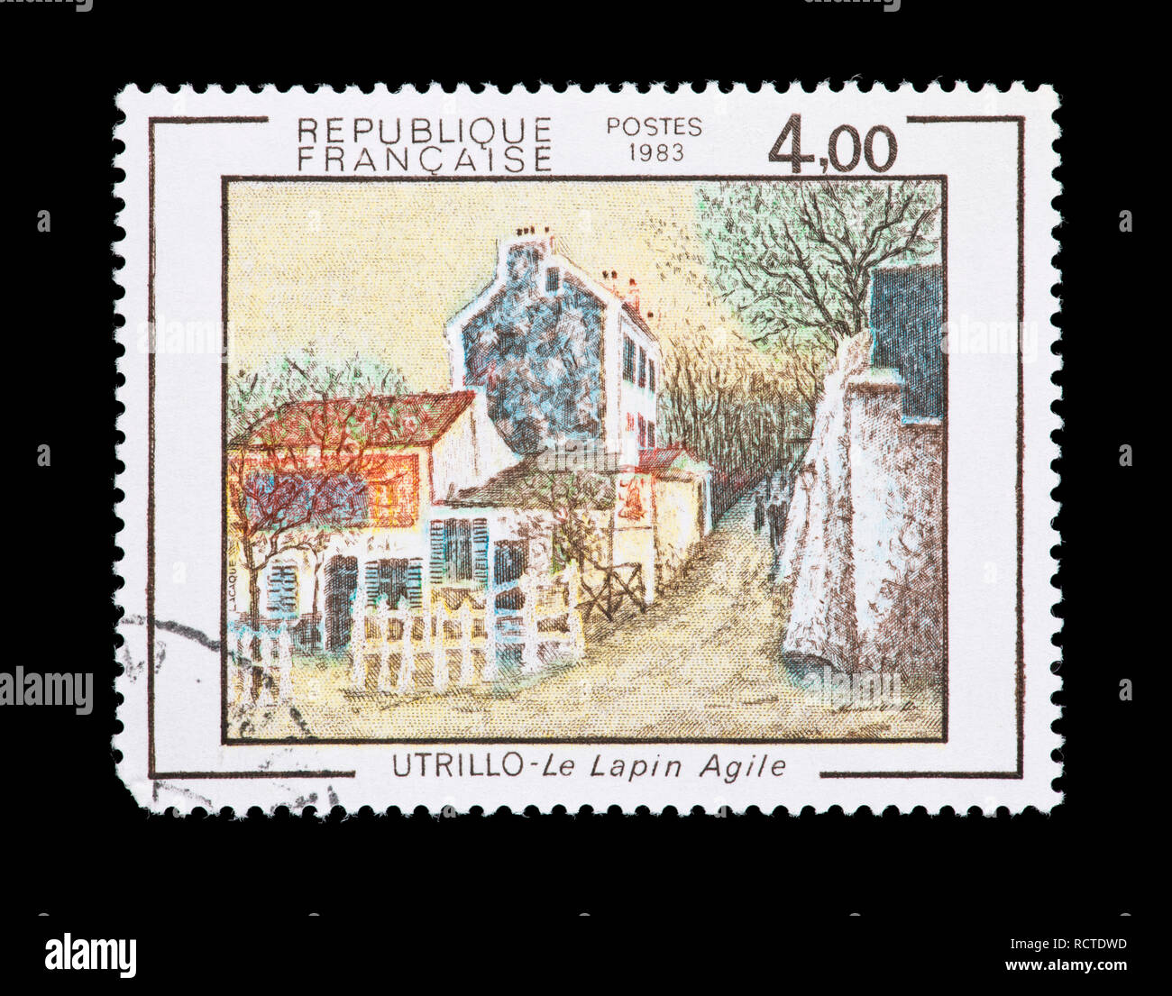 Postage stamp from France depicting the Utrillo painting Le Lapin Agile ...