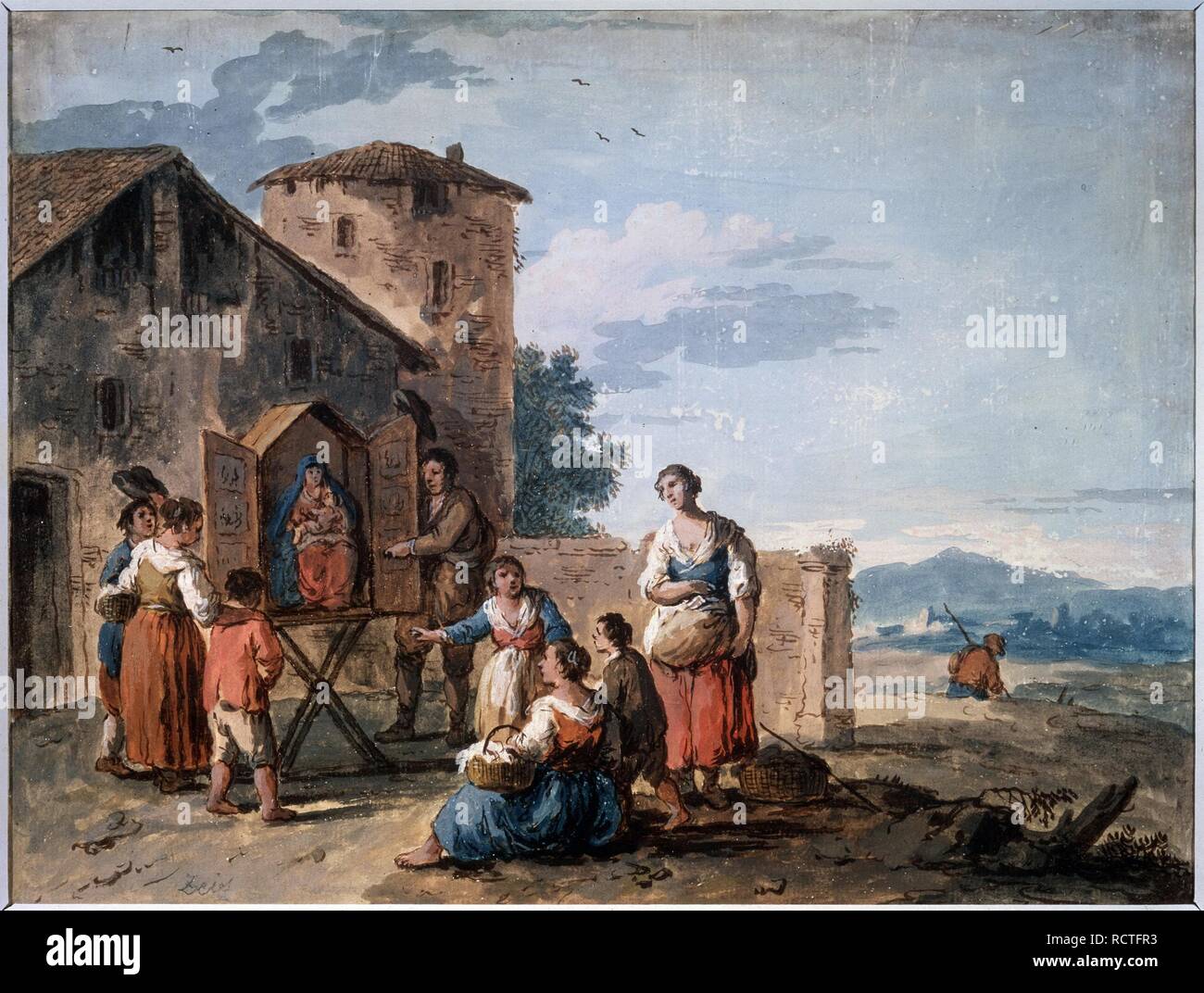 A group of peasants before the tabernacle with the Standing Madonna ...