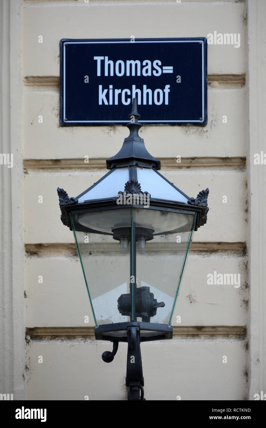 Street sign of the place Thomaskirchhof in the old town of Leipzig ...