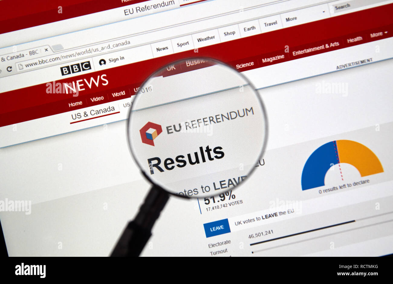 MONTREAL, CANADA - JUNE 24, 2016 : Brexit results on BBC news site ...