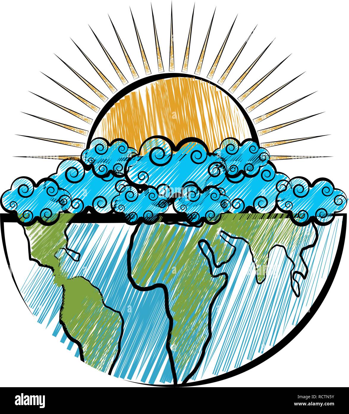 Sketch of a clouds and sun on a half earth Stock Vector Image & Art - Alamy
