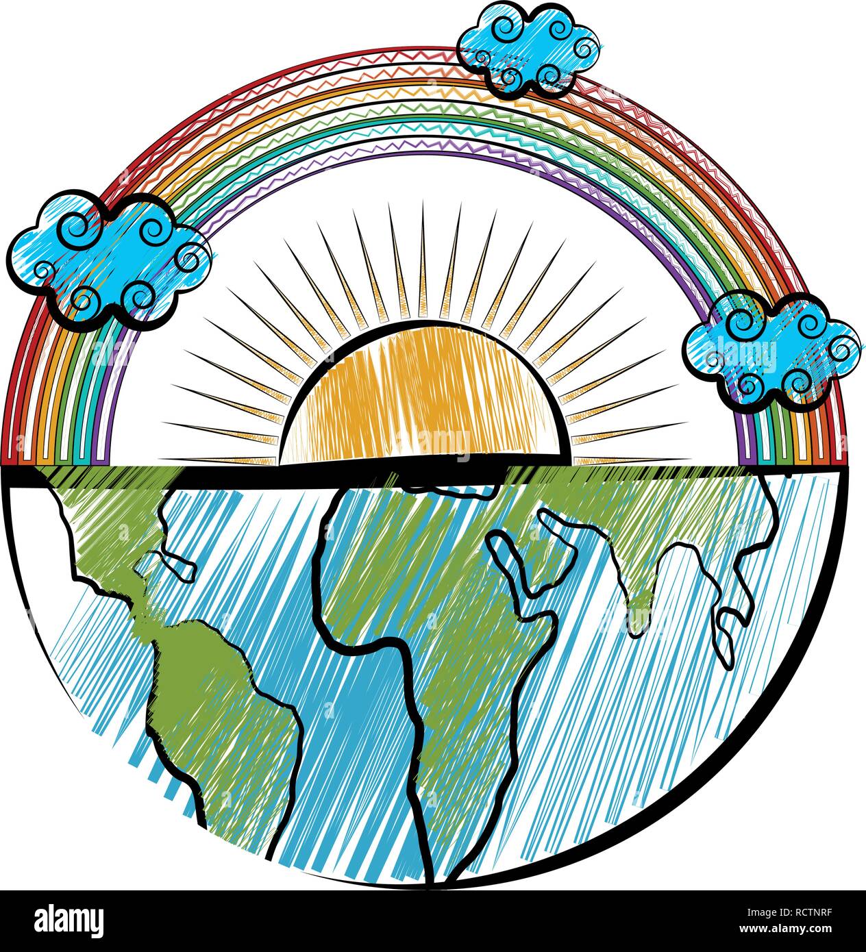 Sketch of a half earth with a rainbow and sun Stock Vector Image & Art ...
