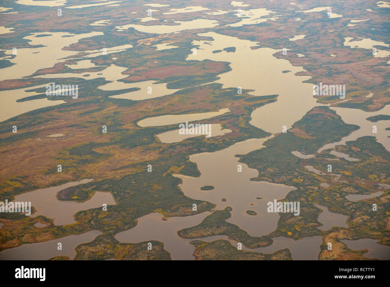 Barrenlands in late summer from the air, Ennadai Lake, Nunavut, Canada ...