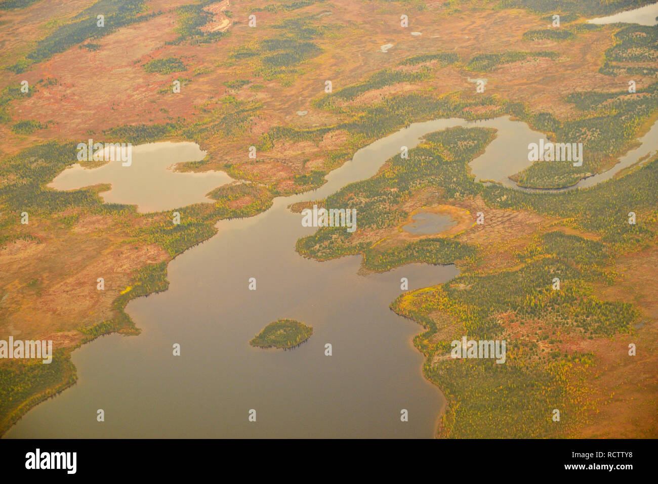Barrenlands in late summer from the air, Ennadai Lake, Nunavut, Canada ...