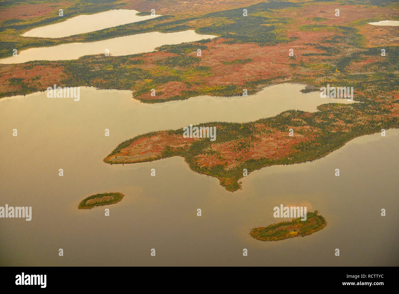Barrenlands in late summer from the air, Ennadai Lake, Nunavut, Canada ...