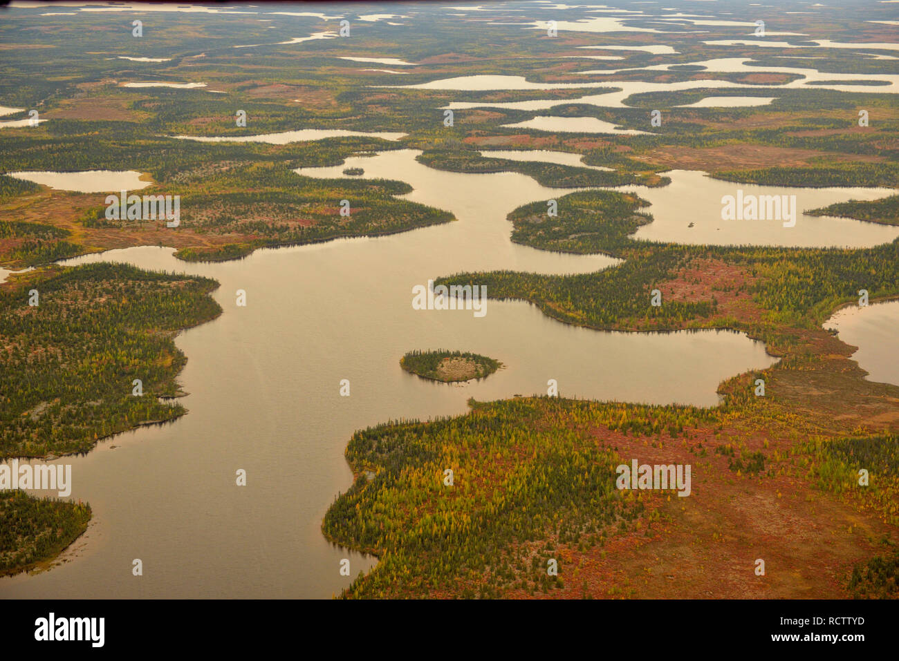 Barrenlands in late summer from the air, Ennadai Lake, Nunavut, Canada ...