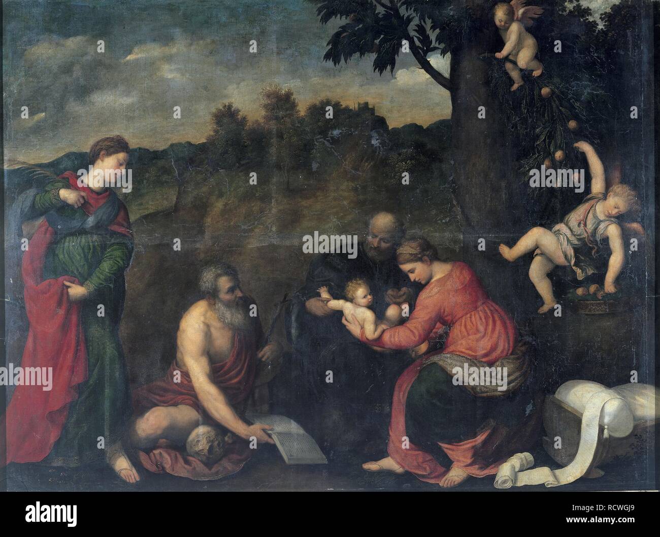 The Holy Family with Saints Jerome, Catherine of Alexandria and angels ...