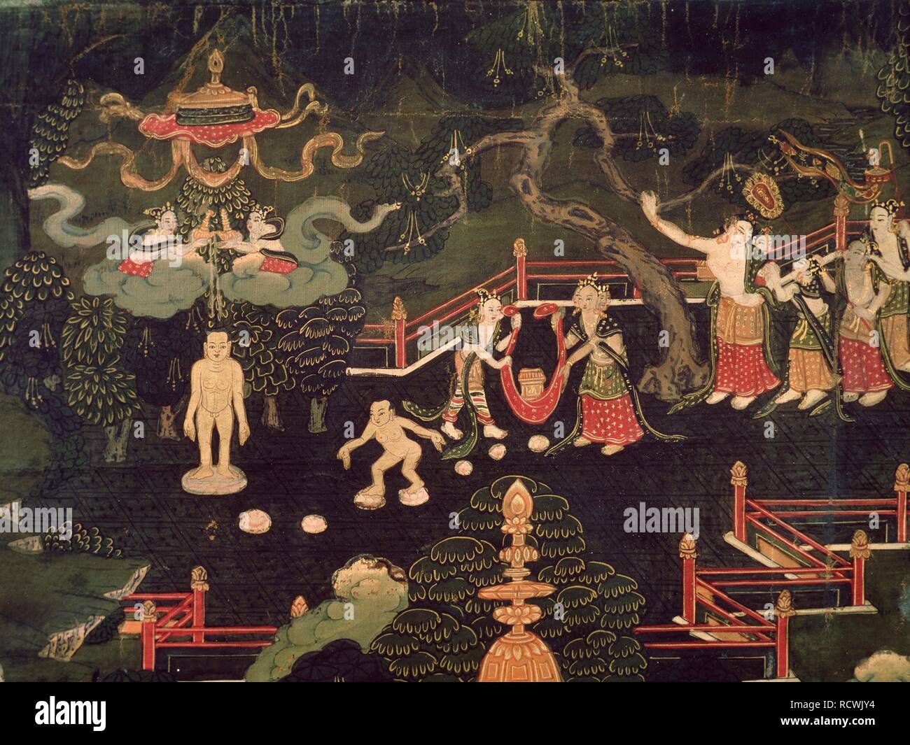 Scene from the life of the Buddha. The Birth and the First Seven Steps ...