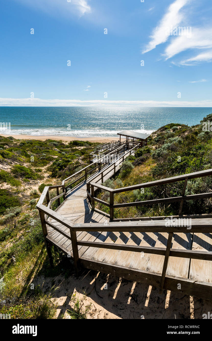 Beautiful bright spring day view towards beach over looking wooden walk ...
