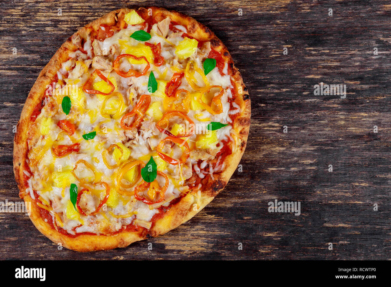 Pizza with corn, bacon, chili, onion parmesan cheese and chicken Stock ...