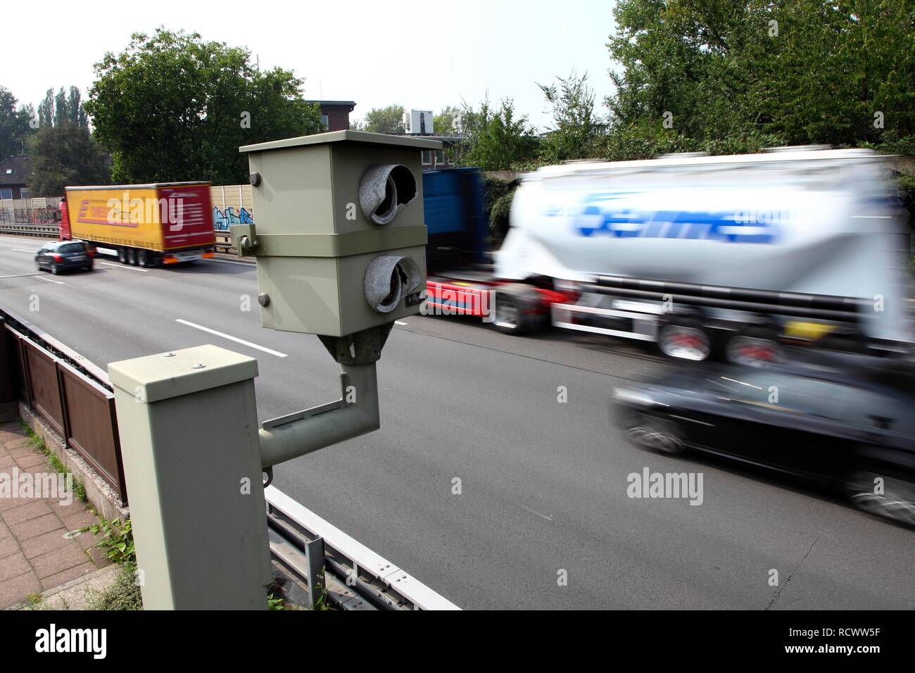 Radar controlled speed monitoring with a speed camera, on the Autobahn ...