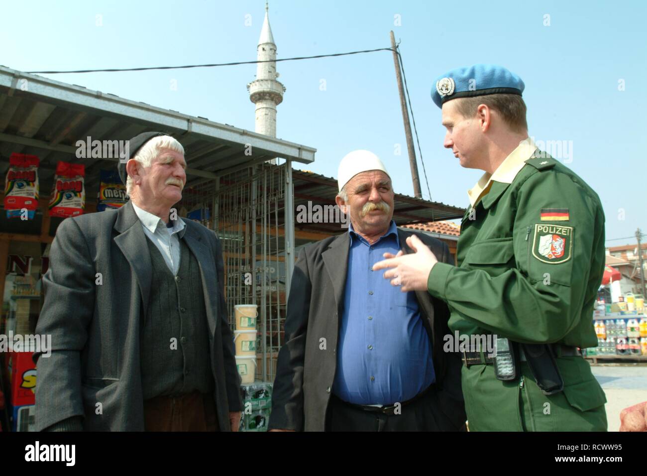 German police patrol in the old town of Gjakova, the police operations ...
