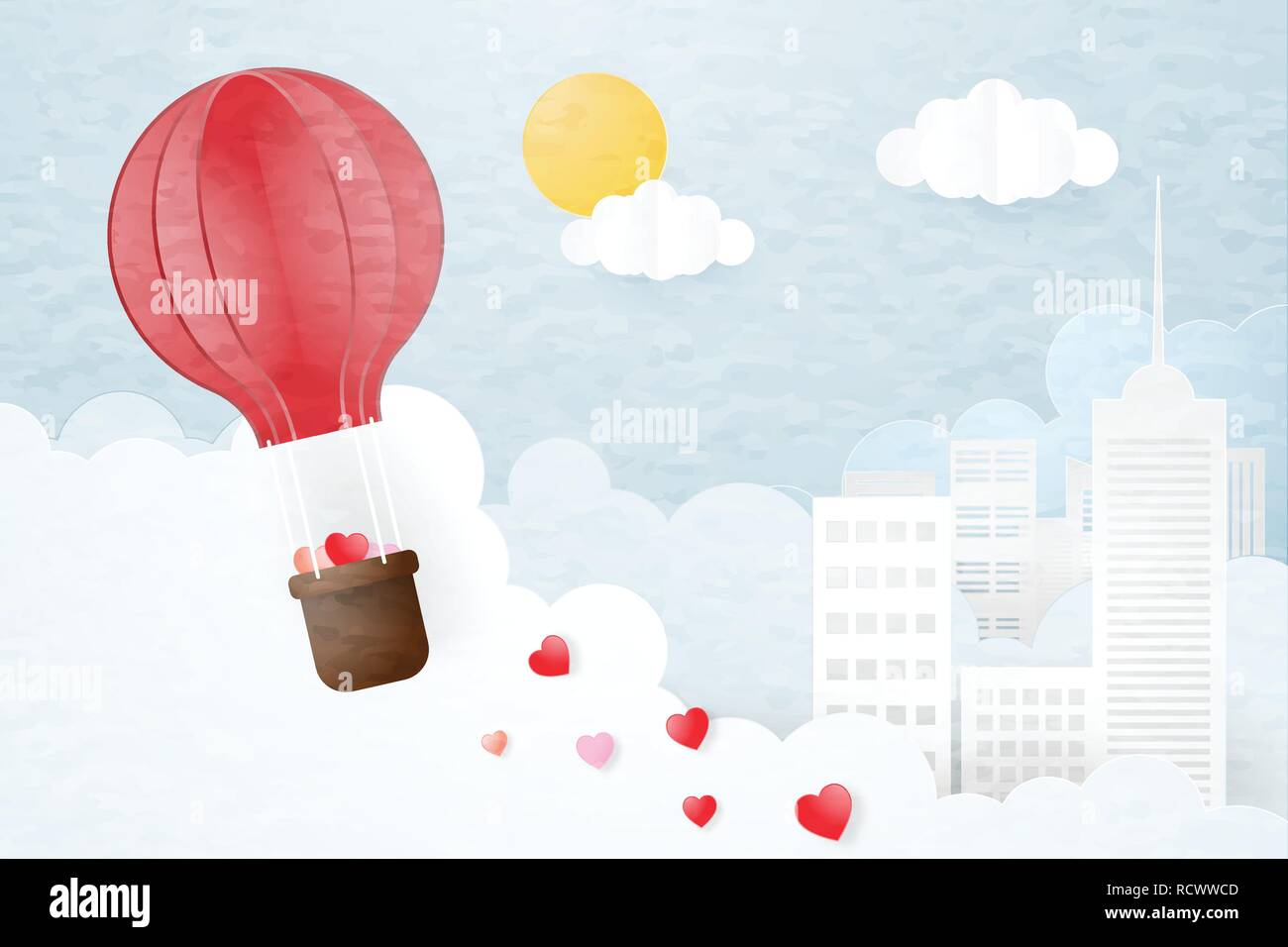 Creative of love valentines day concept. Origami hot air balloon flying ...