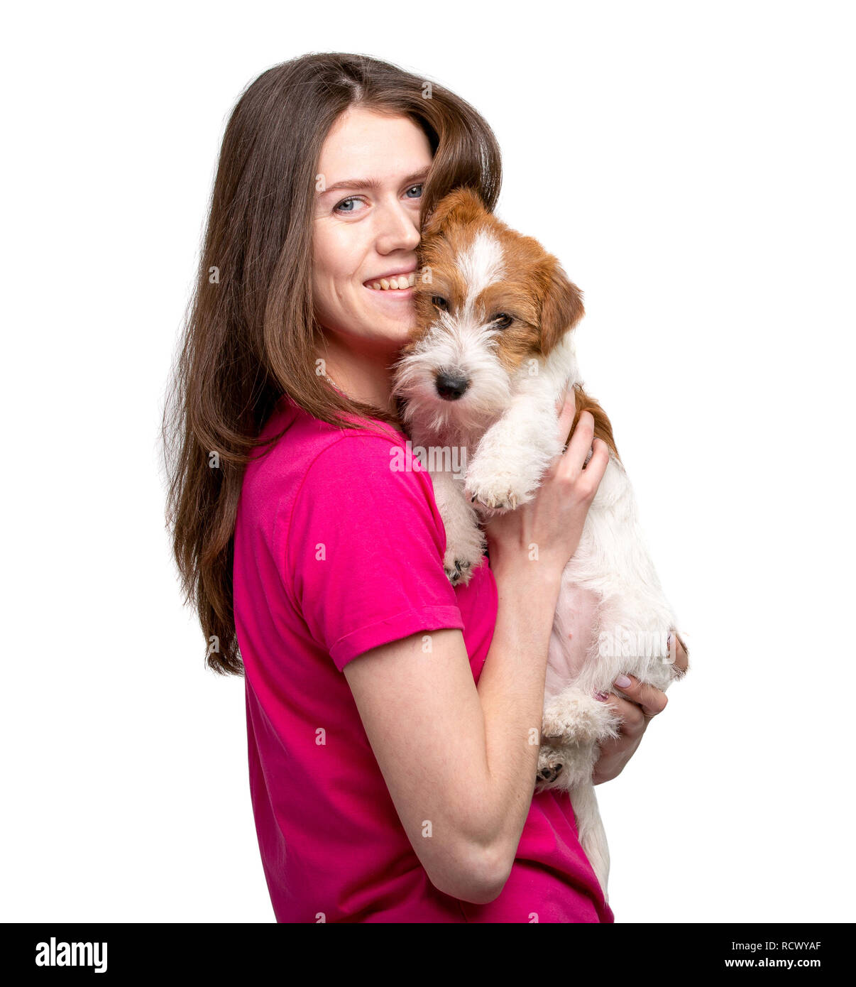 Pretty girl with terrier puppy Stock Photo - Alamy