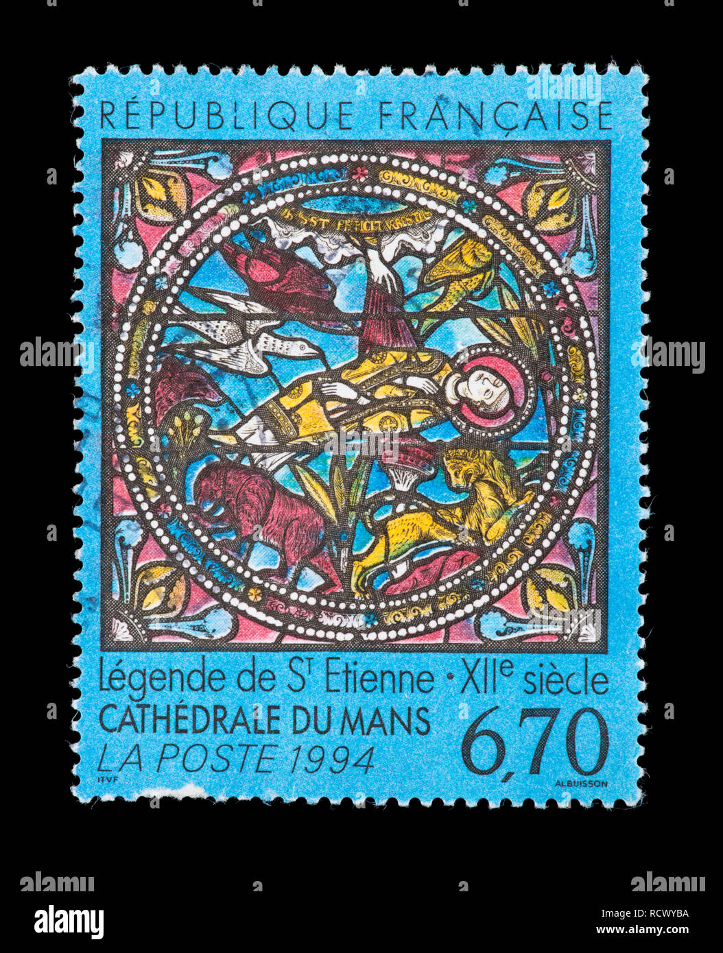 Postage stamp from France depicting a stained glass window from St ...