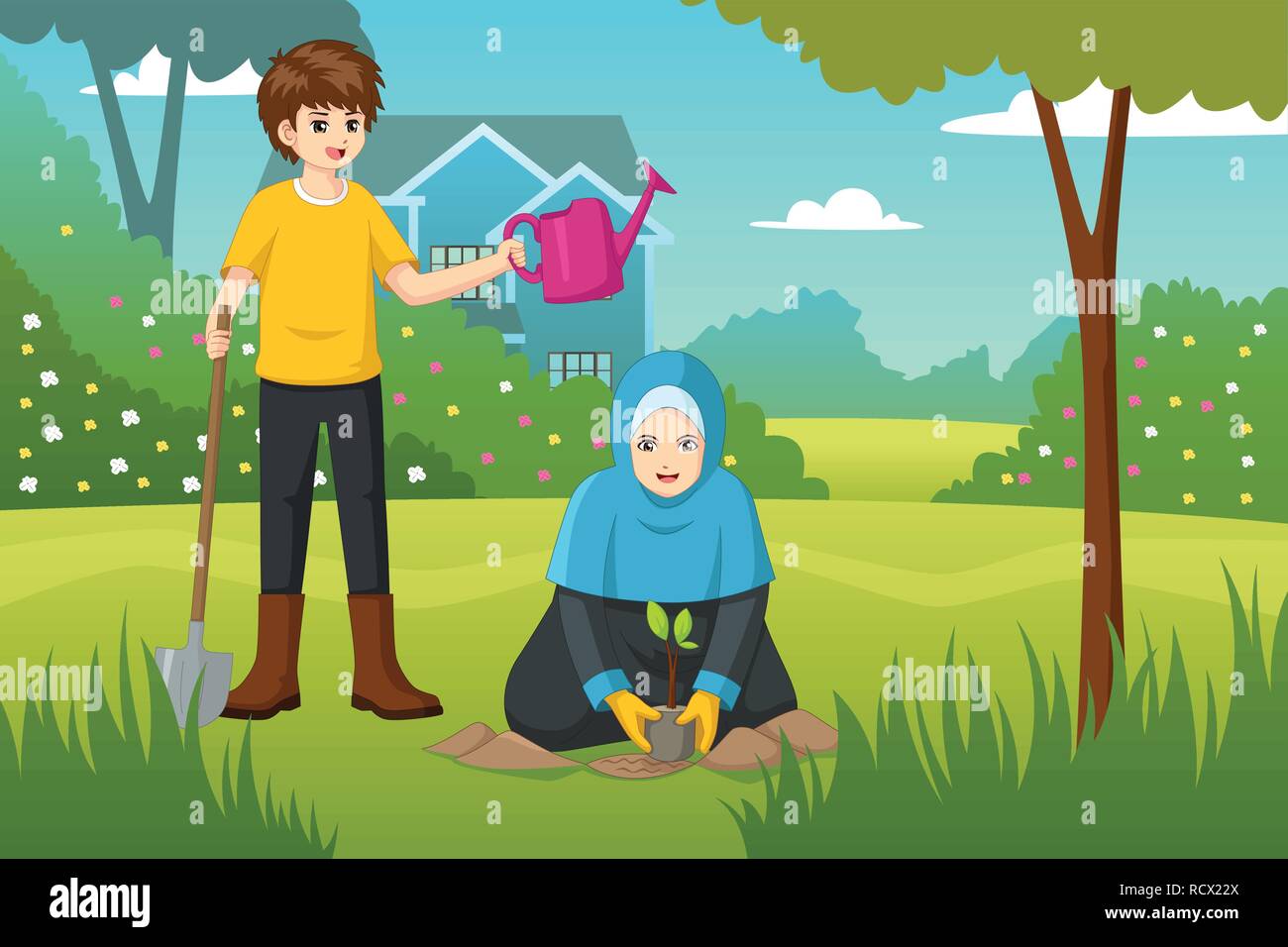 A vector illustration of Kids Doing Gardening Stock Vector Image & Art ...