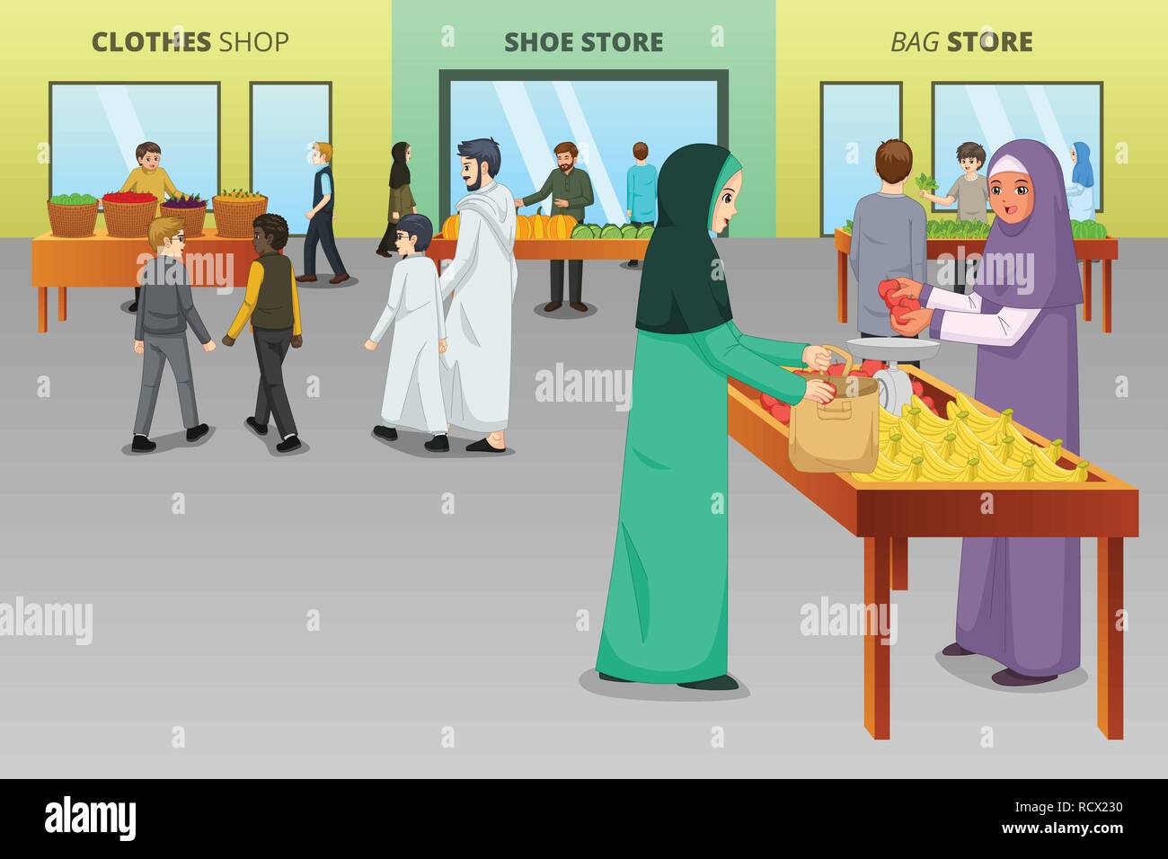 A vector illustration of Muslim People Shopping at a Traditional Market ...