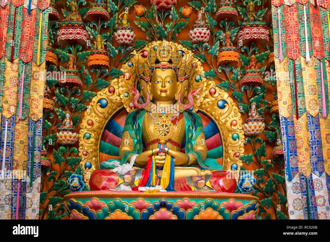 Buddha statue in buddhist Matho monastery ( Gompa ) temple in Leh ...