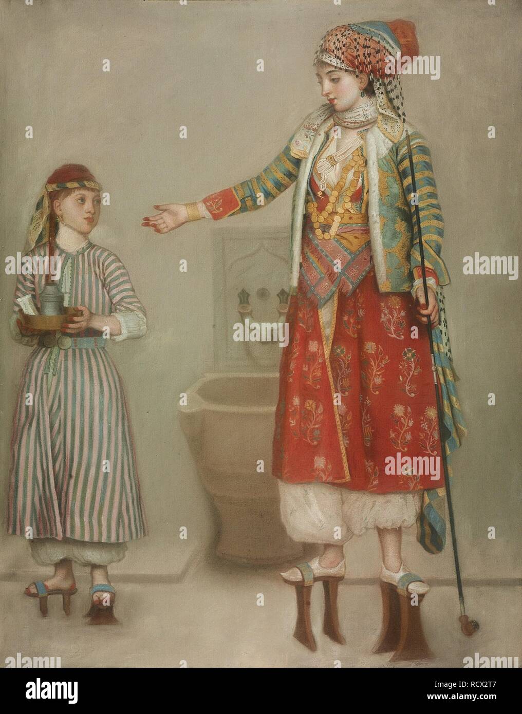A lady in Turkish costume with her servant at the hammam. Museum ...