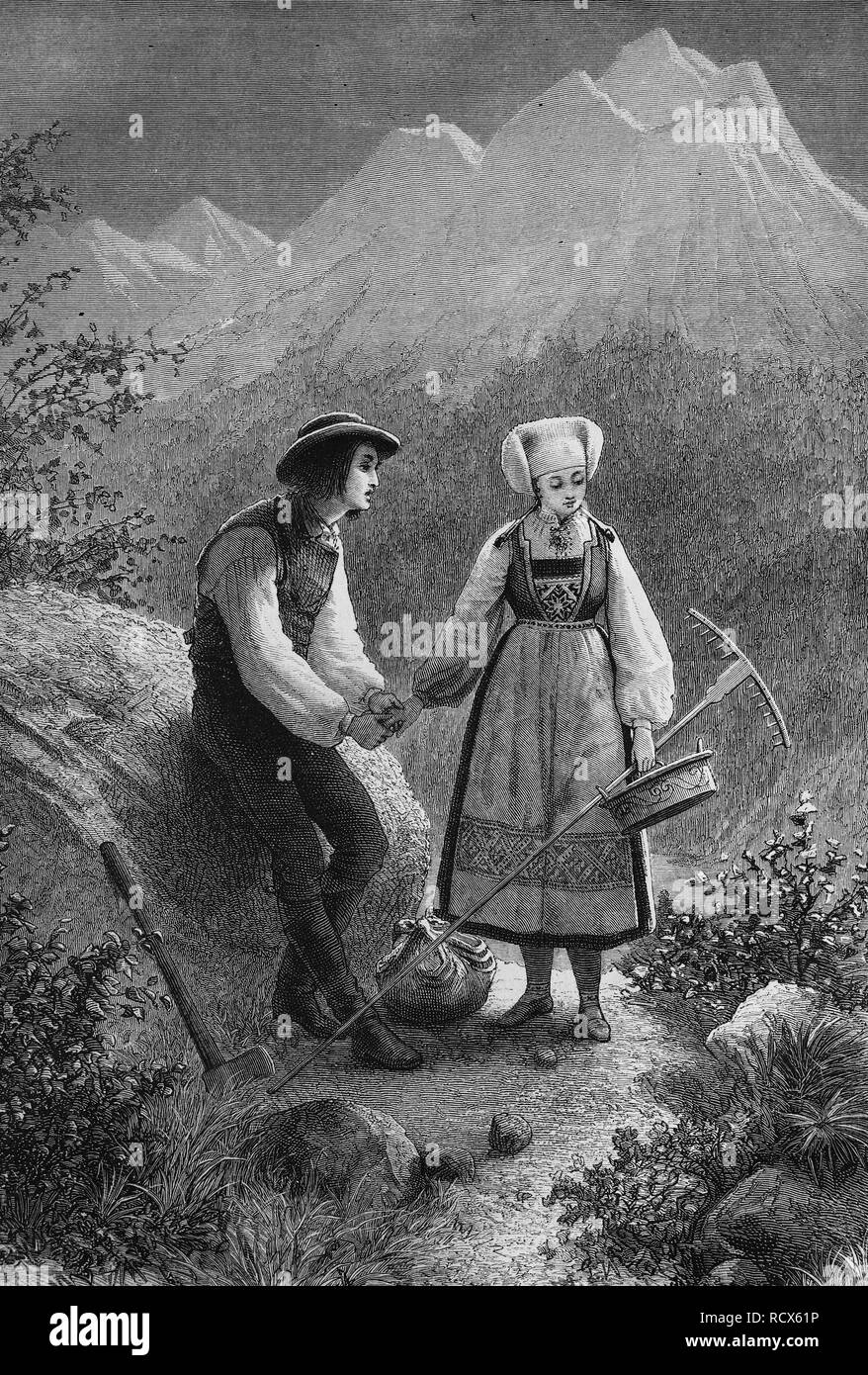 Peasant couple at the Hardanger Fjord, Norway, wood engraving, c 1880 ...